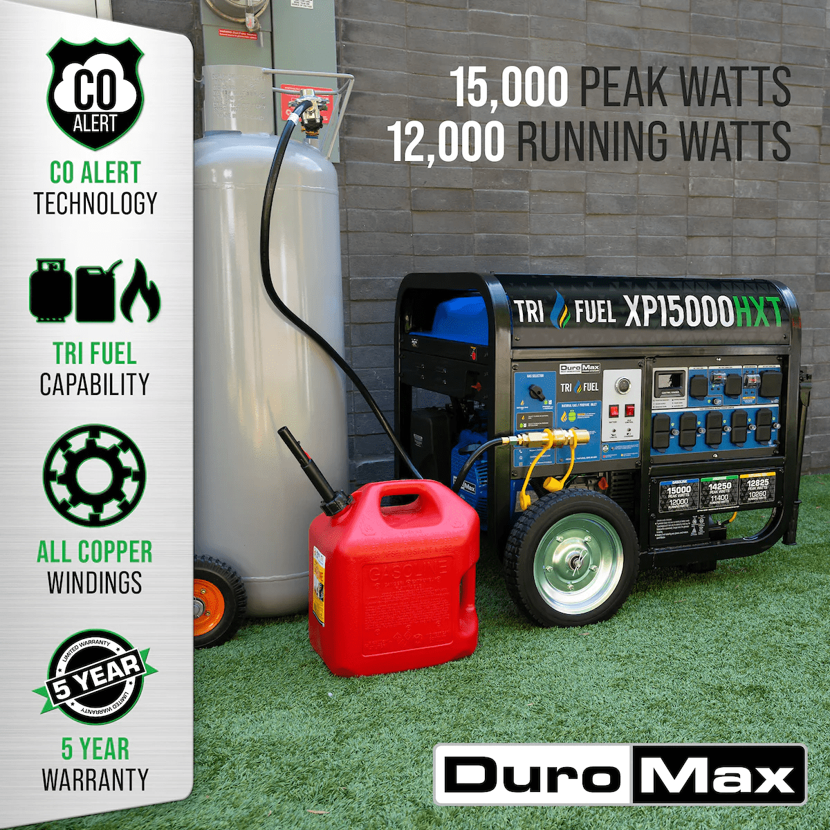 DuroMax XP15000HXT 12000W/15000W Tri-Fuel Gasoline Propane Natural Gas