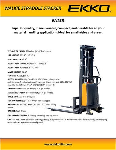 EKKO EA15B Semi-Electric Straddle Stacker 3300lbs. Cap., 119.4" Height