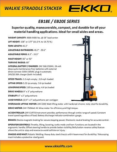 EKKO EB20E Full Powered Straddle Stacker 4400 lb Cap., 177" Height