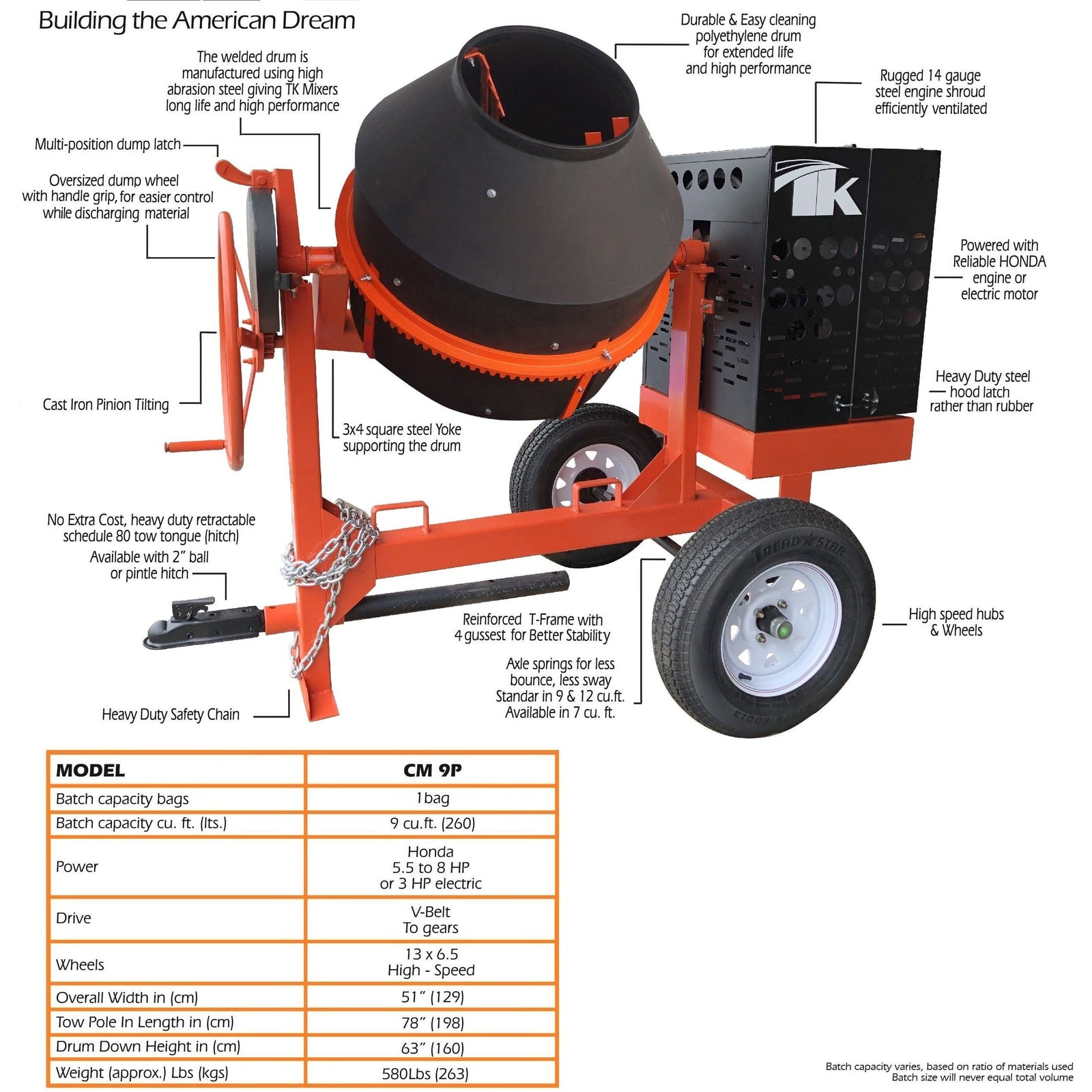 9 cu ft.0 Towable Polyurethane Drum Concrete Cement Mortar Plaster Mix